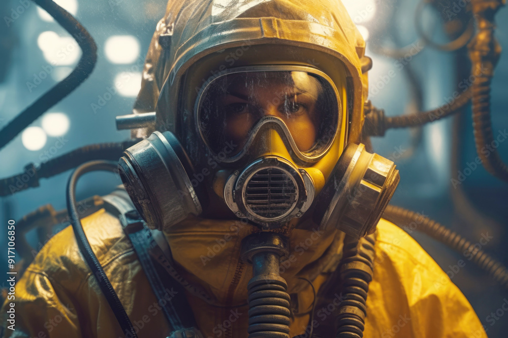 Person in hazmat suit with gas mask in industrial facility, concept of ...