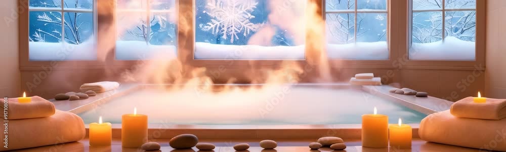 winter spa with a steaming hot tub, lit candles and white folded towels ...