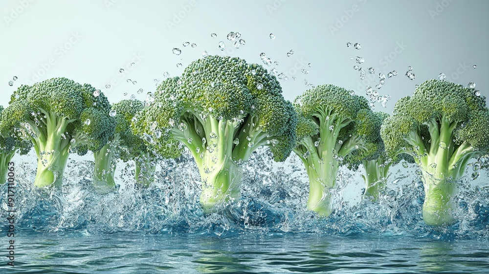 Surreal scene of multiple fresh broccoli florets exploding in a splash ...