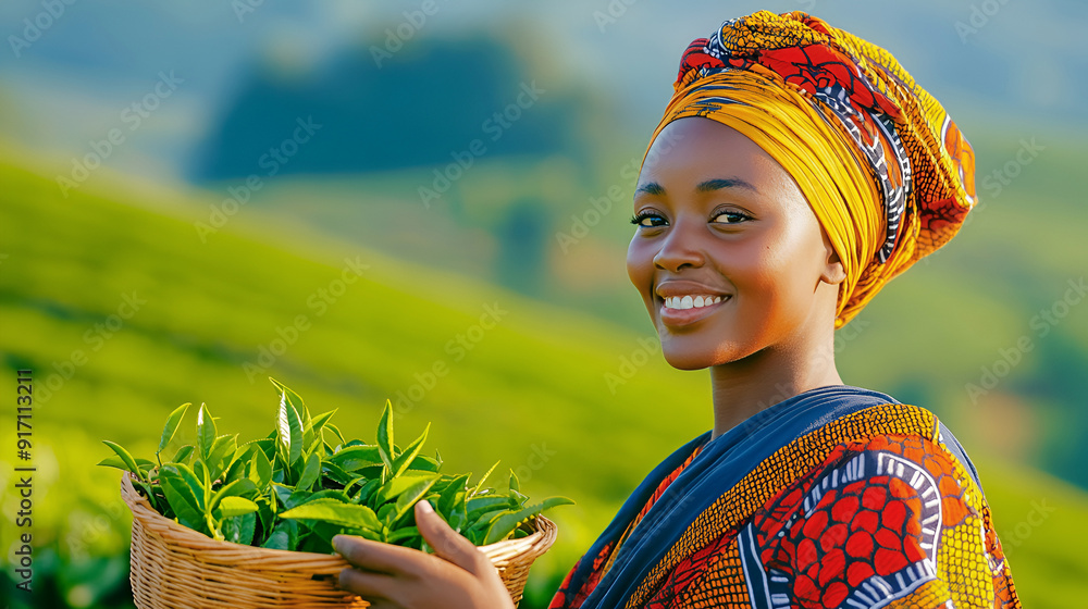 African woman in colorful traditional attire, handpicking tea leaves ...