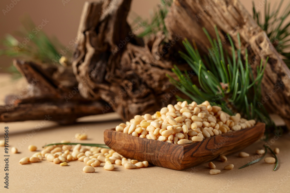 Peeled pine nuts with cedar snags and green branches. Stock Photo ...