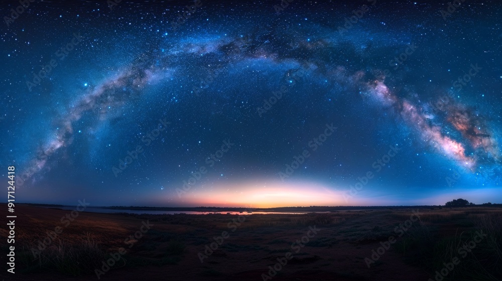 Stunning panoramic view of the Milky Way arch over a serene night ...