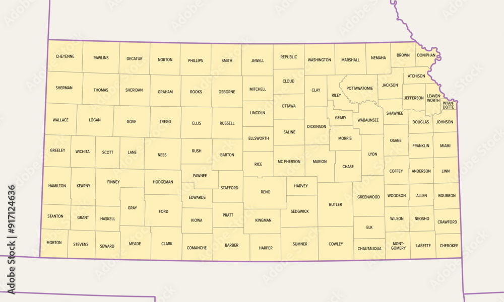 Kansas, U.S. state subdivided into 105 counties, political map with ...