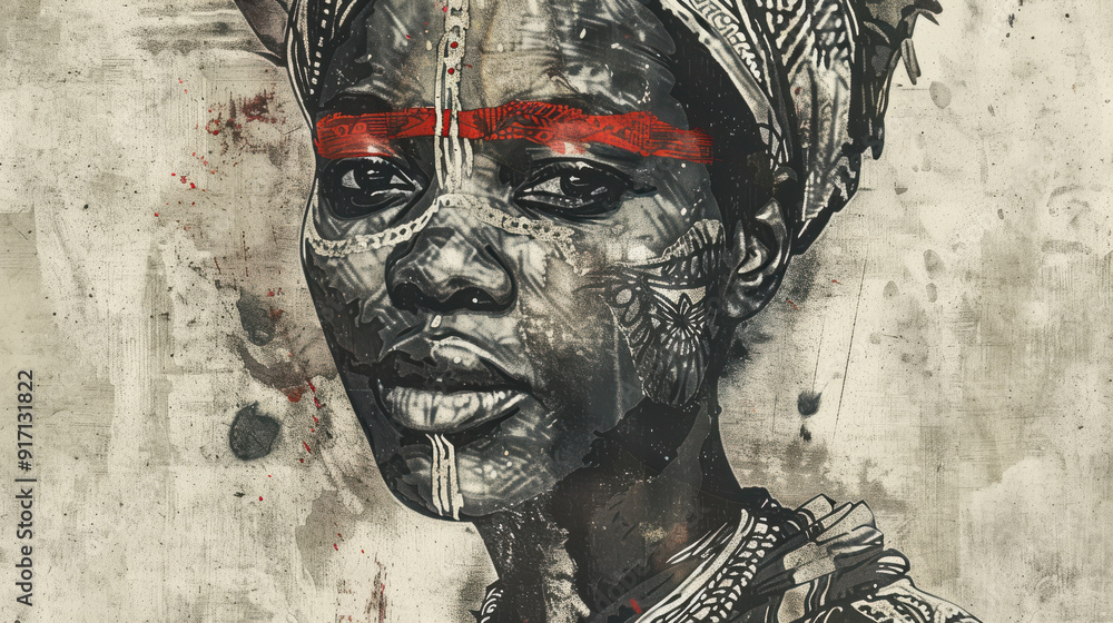 A native African warrior woman in traditional clothing with facepaint ...