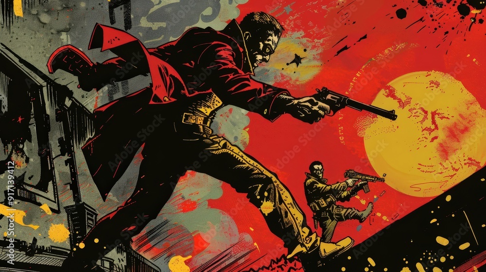 Imagine a frame for a comic book cover. Describe the bold and dynamic ...