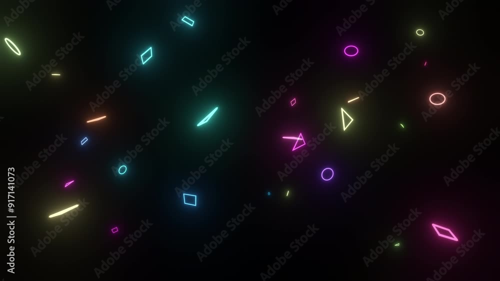 Abstract animated background of small neon shapes randomly slow moving and rotating, 4K animated ...