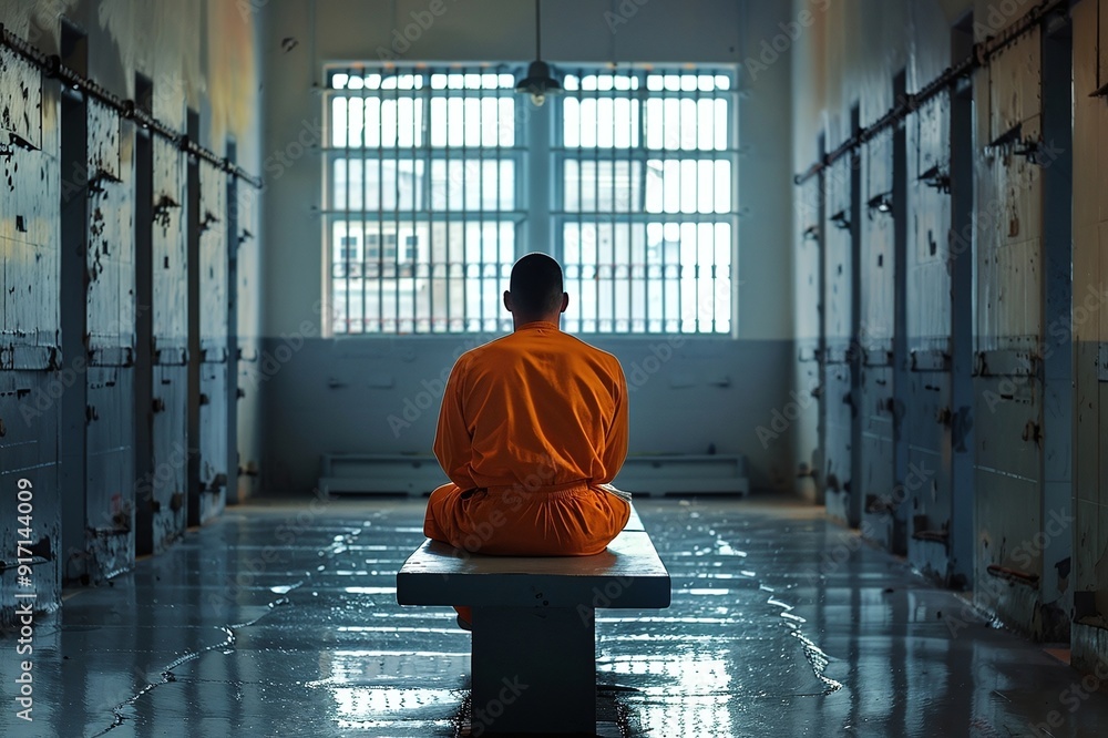 Man Dressed in Orange Sitting Alone on a Bench in a Prison Cell, Back ...