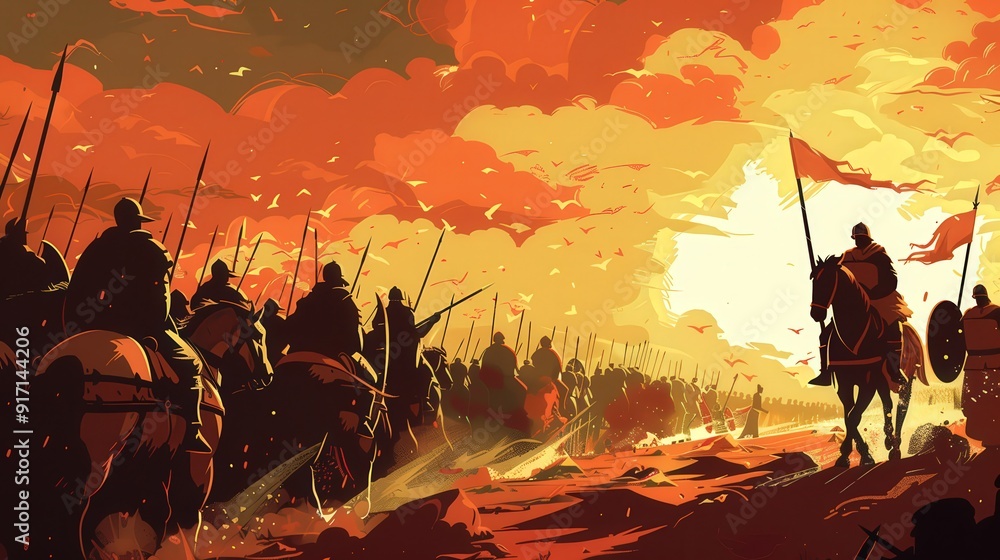 Imagine a vector graphic of a historical battle scene. Describe the ...