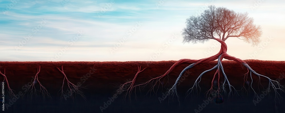 Surreal landscape where trees have roots resembling arteries, with some ...