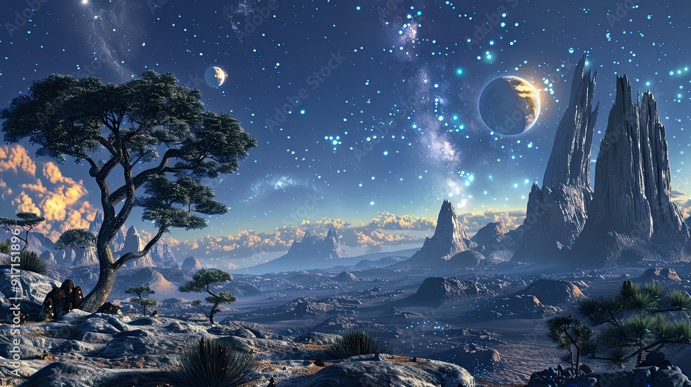 A surreal alien landscape with bioluminescent plants, strange rock ...