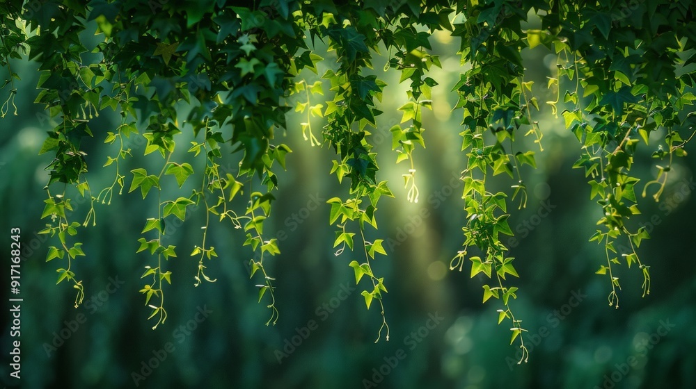 Thick, green vines draping down from a tree, their leaves creating a ...