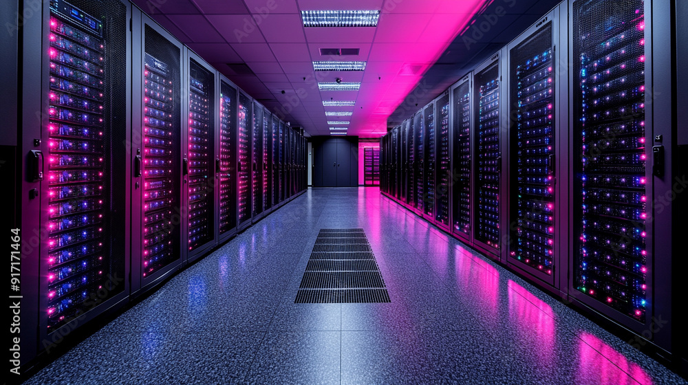 modern server room with neatly organized internet cables and wires ...