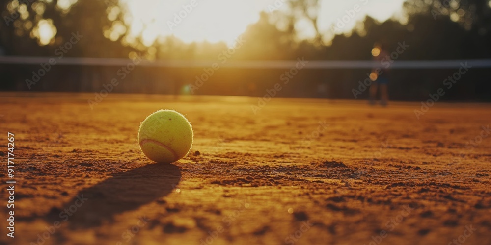 Sunset Serenade: Tennis Ball at Rest on the Clay Court, Player in ...
