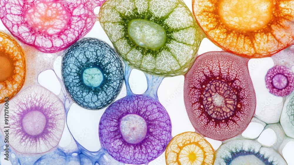 Plant cells in a variety of vibrant colors, displayed on a white ...