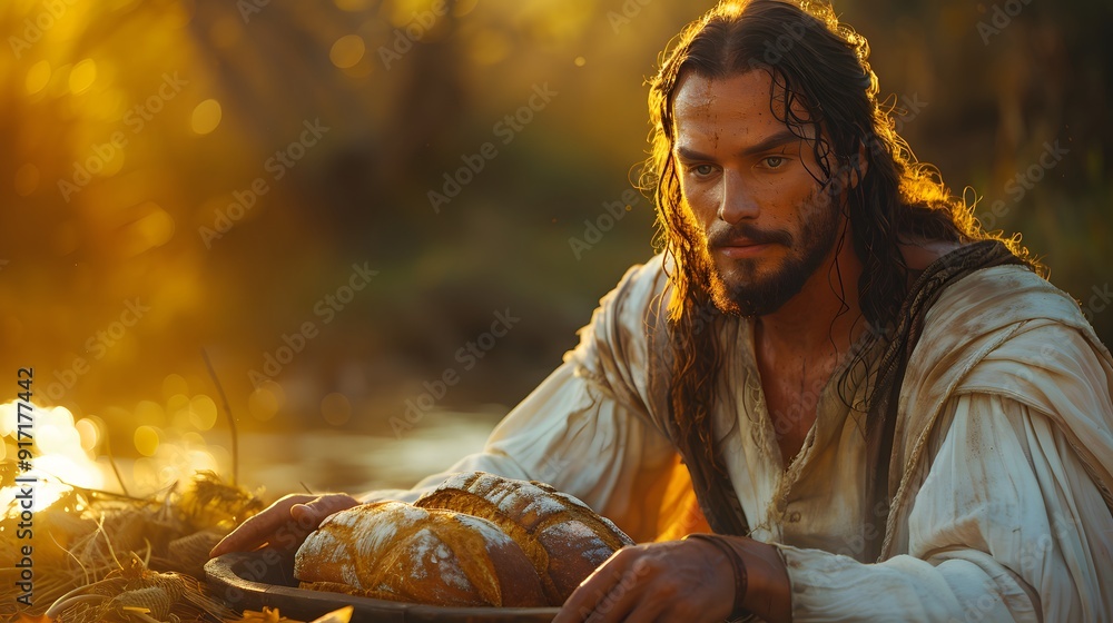 Poster A serene depiction of Jesus blessing five loaves and two fish ...