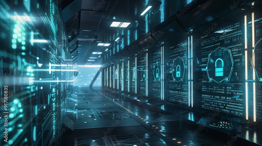 futuristic data center with advanced cybersecurity measures showcasing digital locks and secure ...