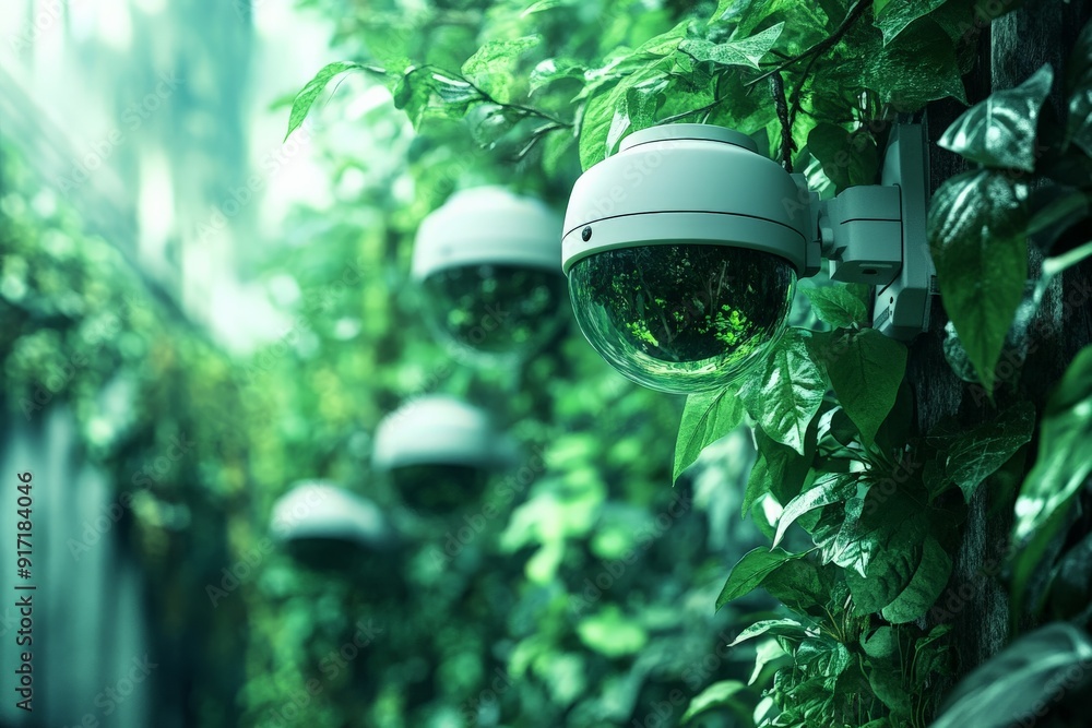 Security cameras mounted on a green, leafy wall, blending technology ...