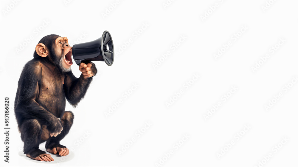 Chimp shouting into a megaphone, as to make an announcement or a ...
