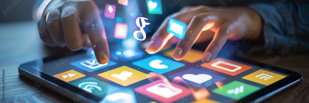 A person's hands are shown interacting with a tablet, while social ...