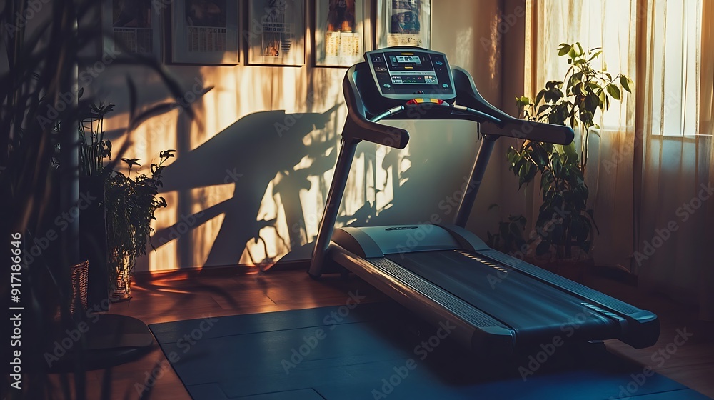 A treadmill in a home gym setup, with motivational posters on the wall ...