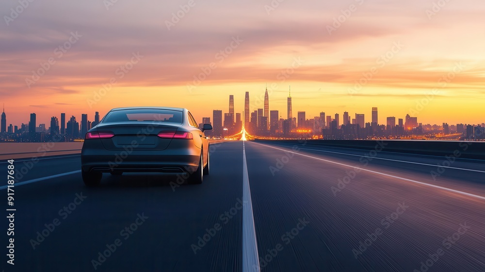 Car driving along a highway at twilight, with the city skyline glowing ...