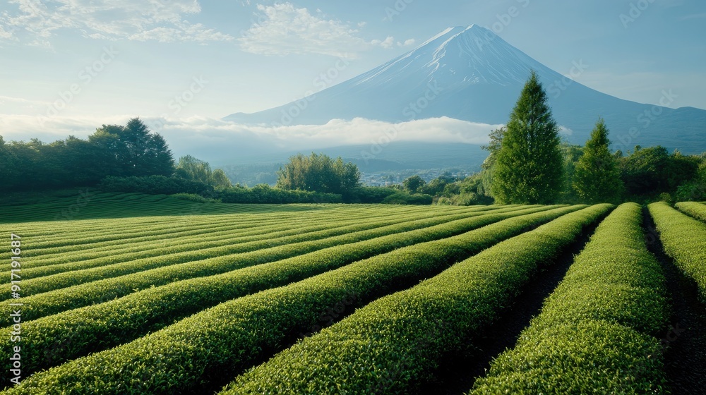 A serene tea tree garden with neatly lined tea shoots, stretching ...
