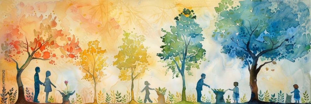 A watercolor painting depicting five trees with different colors ...
