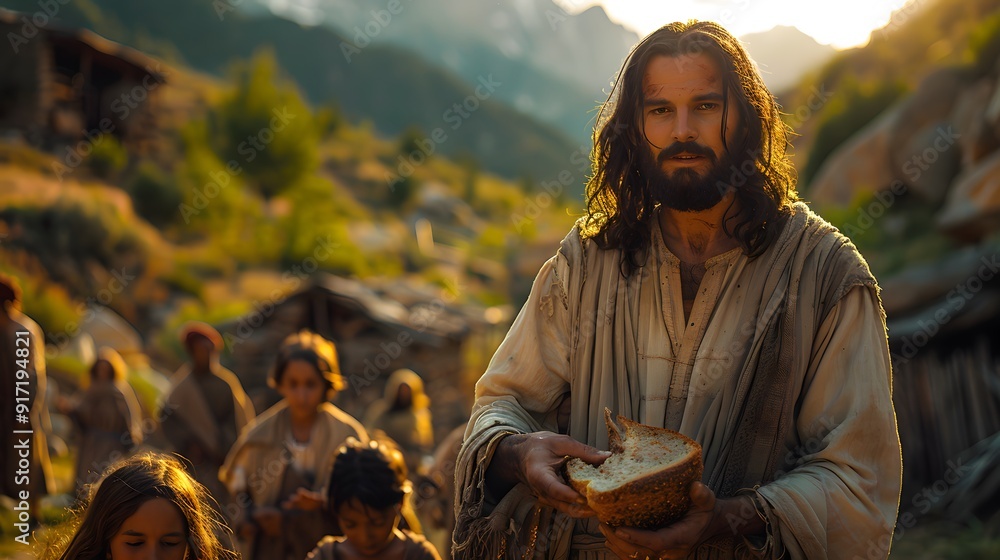 Jesus handing pieces of bread and fish to children, food prominently ...