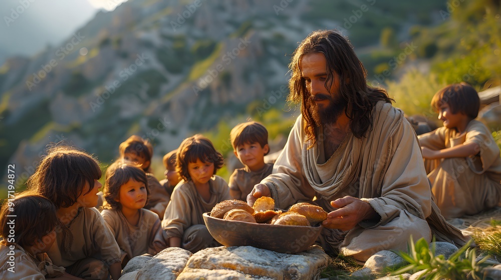 Jesus handing pieces of bread and fish to children, food prominently displayed, detailed ...
