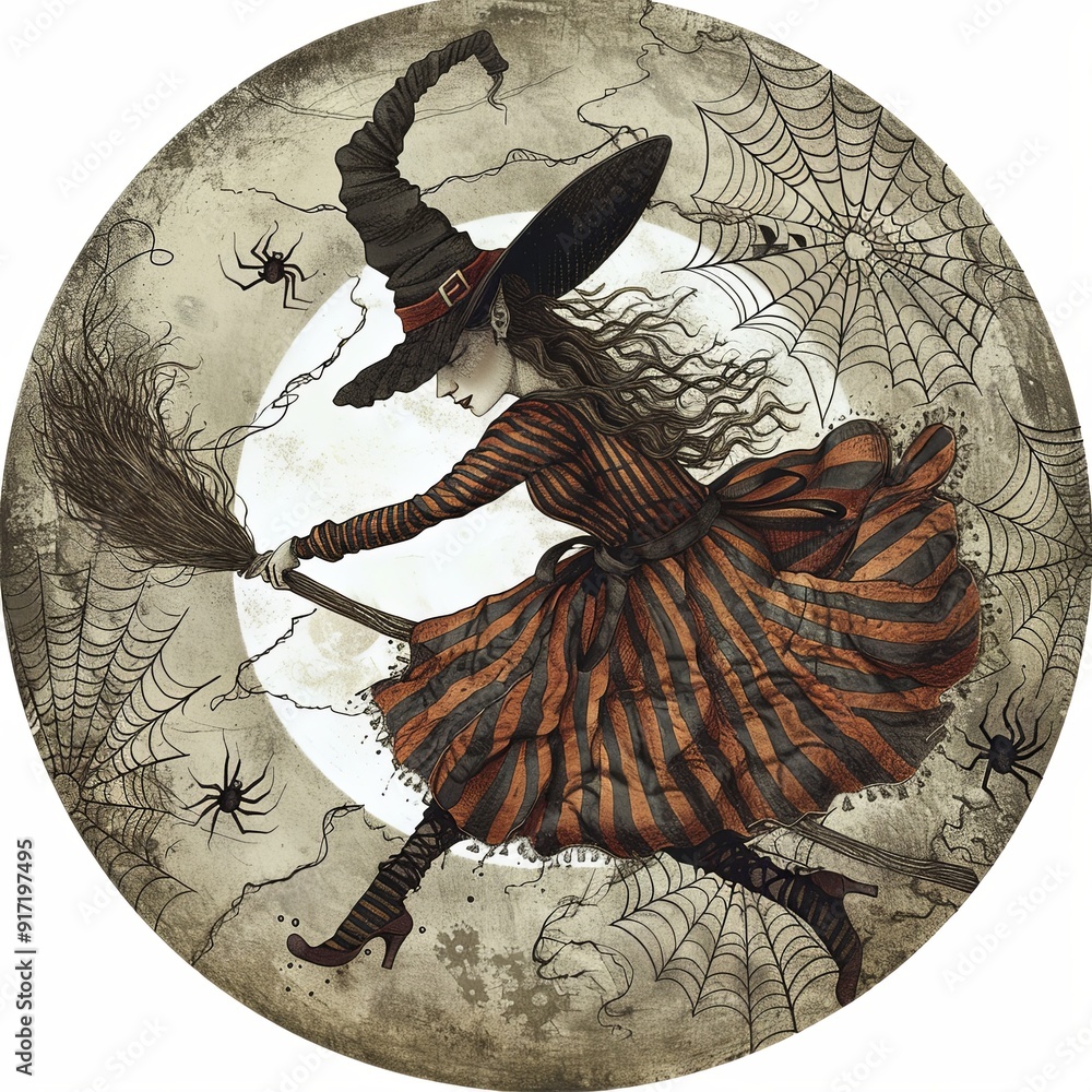 Vintage Halloween witch flying on broomstick with spider web. Spooky ...