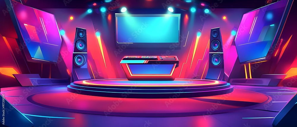 Futuristic DJ booth on neon-lit stage, vibrant lights and immersive ...