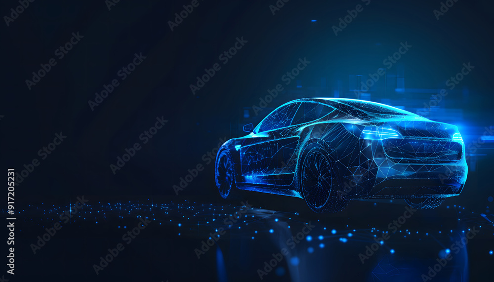 A digital blue self-driving car with a glowing data stream, the ...