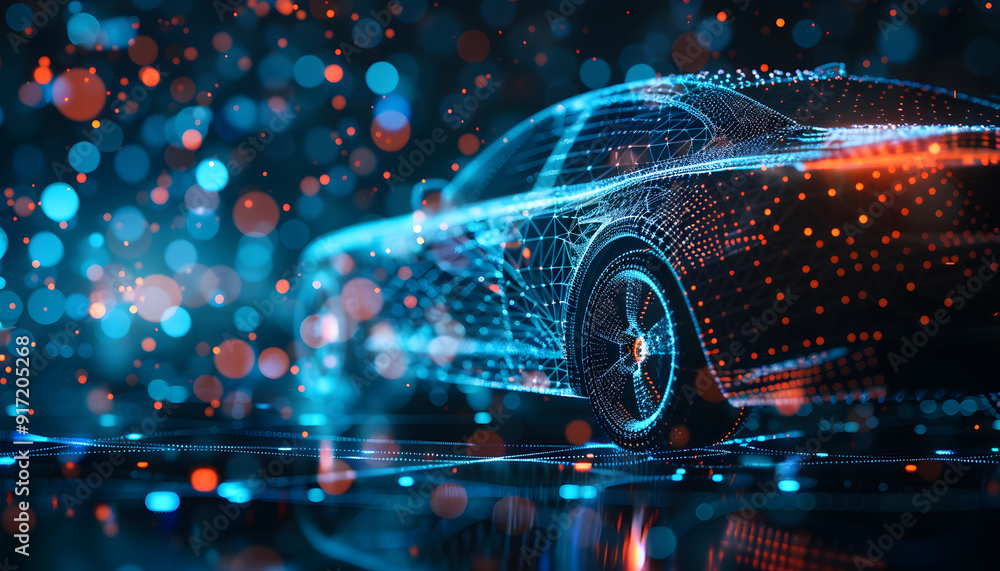 A digital blue self-driving car with a glowing data stream, the ...