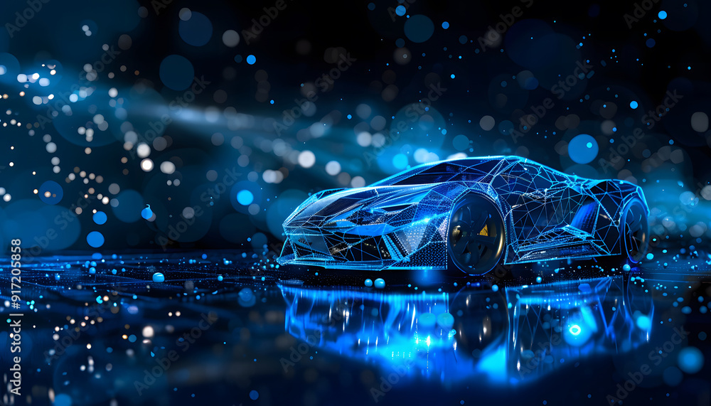 A digital blue self-driving car with a glowing data stream, the ...