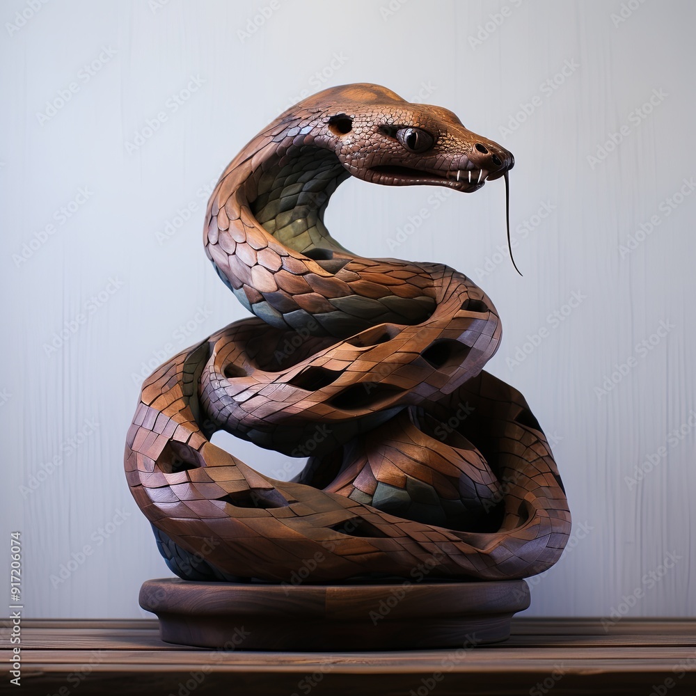 The snake sculpture is made of wood, and it is a dark brown color. The ...