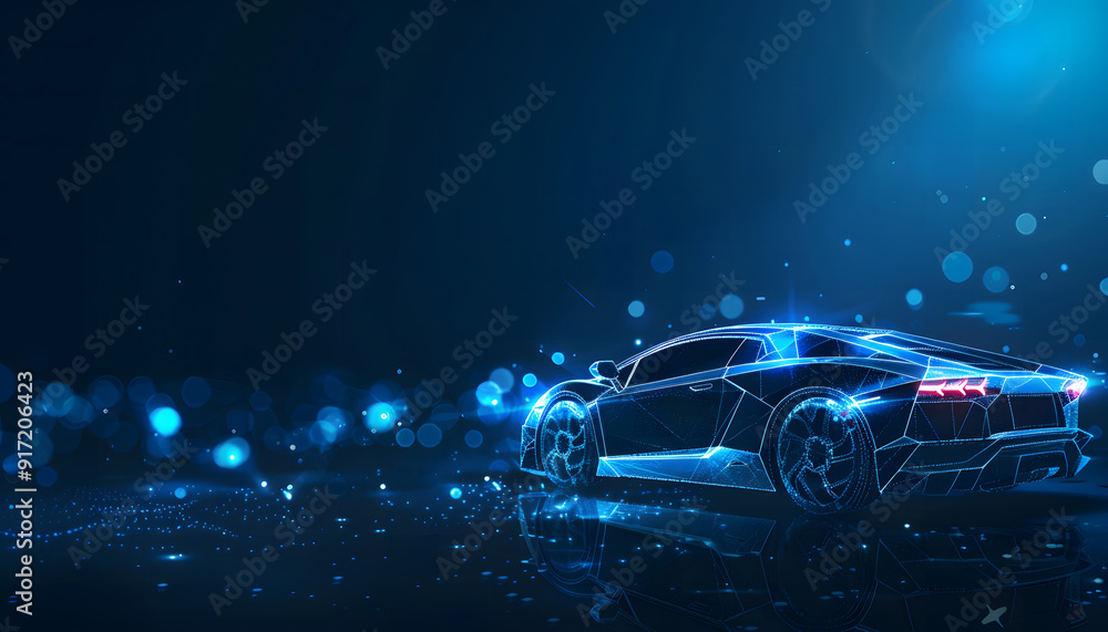 A digital blue self-driving car with a glowing data stream, the ...