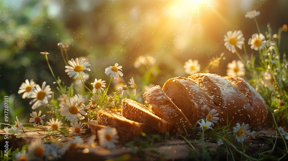 Symbolic representation with five loaves and two fish in the foreground ...