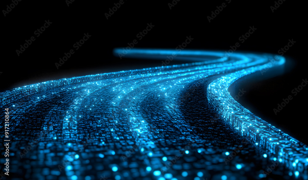Digital road illuminated by a blue matrix of binary code. digital ...