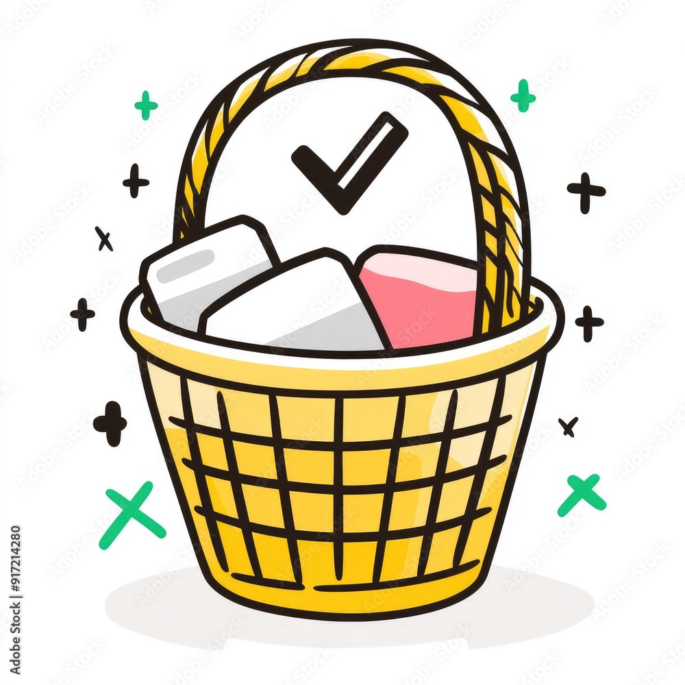 Cartoon Basket with Checkmark and Items Stock Illustration | Adobe Stock