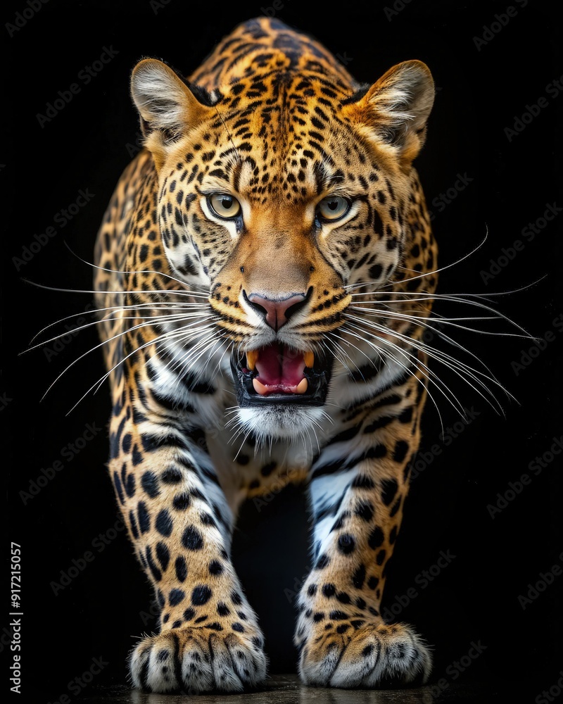 An angry leopard stalking forward against a black background ...