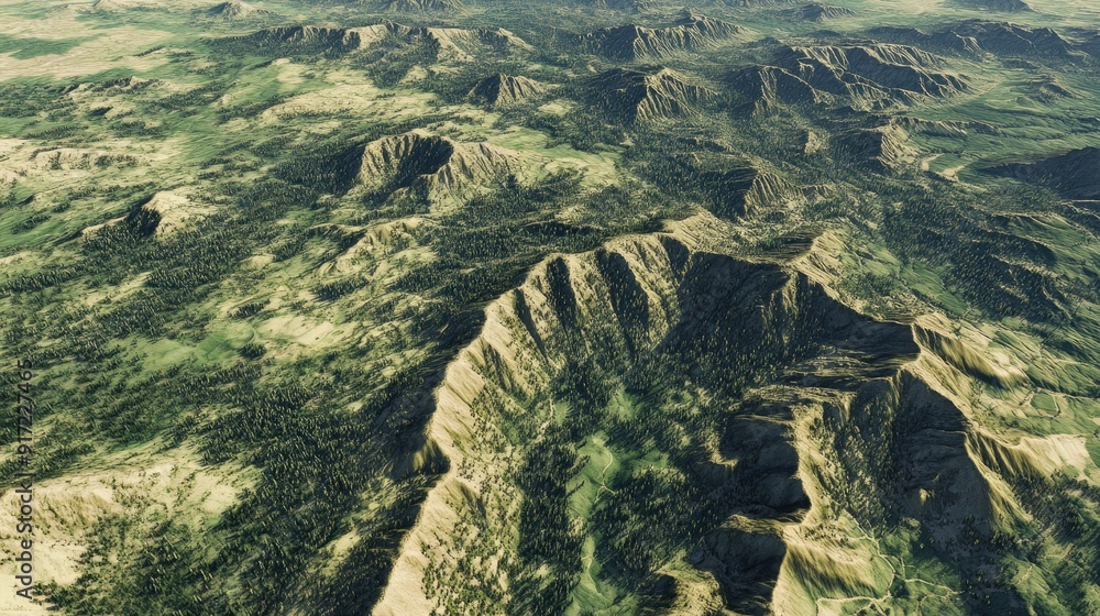 An aerial image processed into a GIS map, displaying terrain features ...