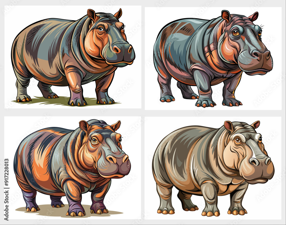 A set of four realistic hippo illustrations, each with unique colours ...