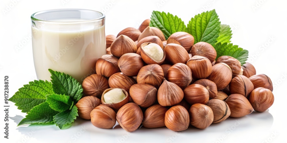 Glass of Hazelnut Milk with Fresh Hazelnuts and Leaves, hazelnut milk ...