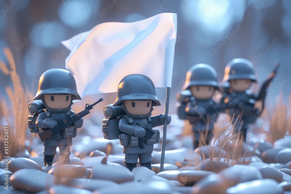 Miniature toy soldiers, dressed in uniforms, hold a white flag ...