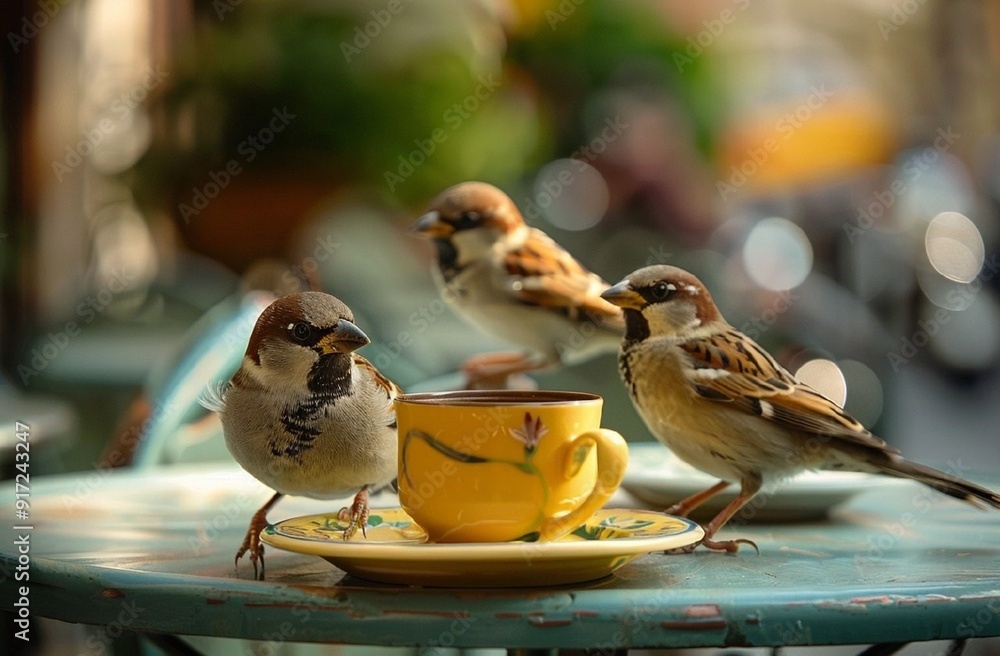 Random photo effect, sparrows feast on a table of an outdoor cafe after ...