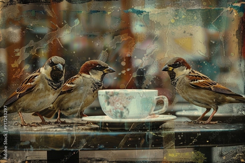 Random photo effect, sparrows feast on a table of an outdoor cafe after ...