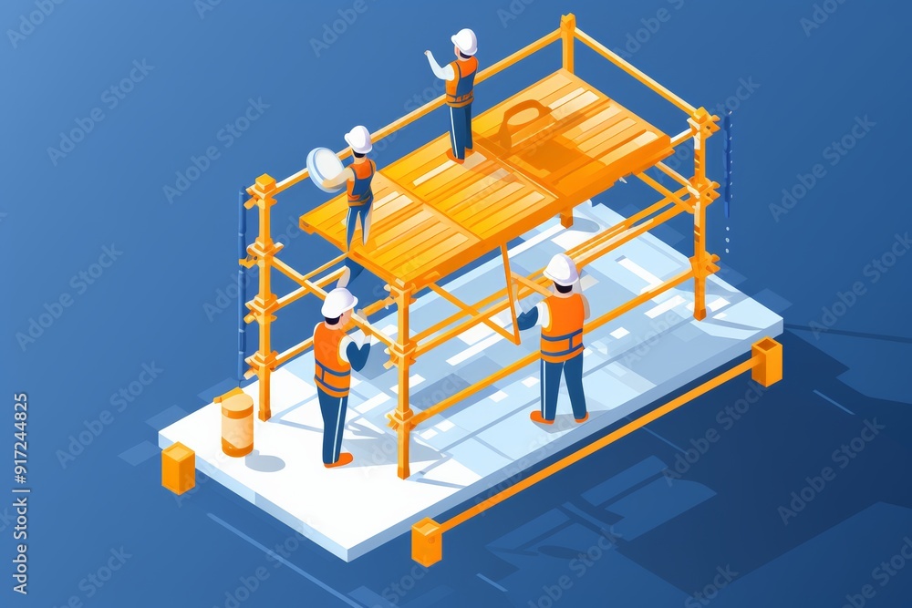 Workers setting up scaffolding at construction site, depicted in flat ...