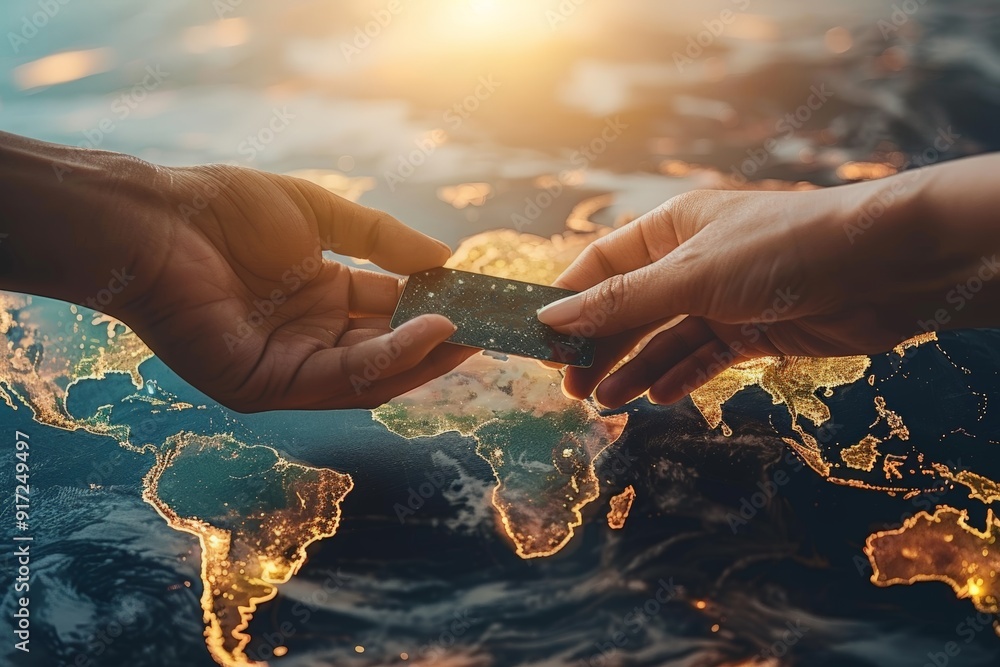 Two hands exchanging card with illuminated map of earth, backdrop of ...