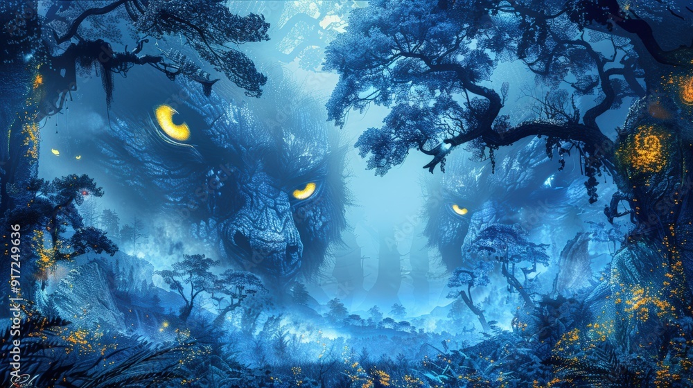Dark fantasy forest with looming monstrous faces hidden among trees ...