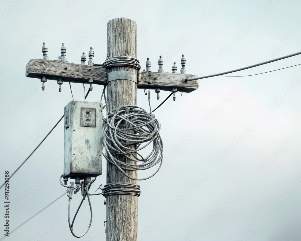 Ultra-realistic 3D render of telephone lines with coiled cables and ...